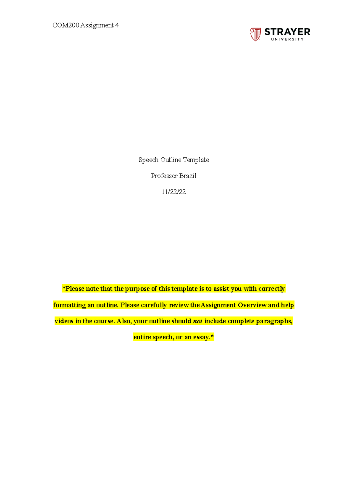 COM Week 7 Template Assignment - Speech Outline Template Professor ...