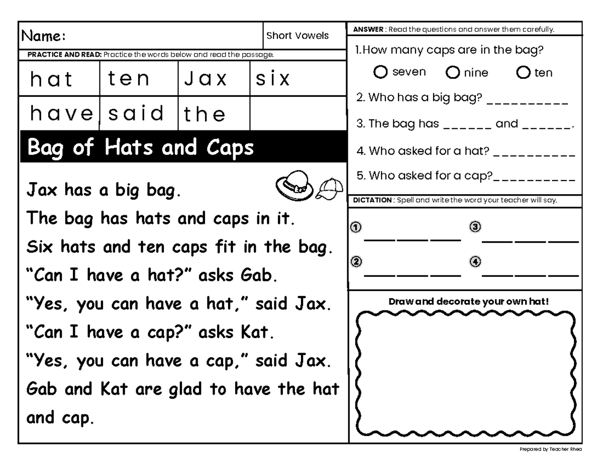 Short Vowels Practice & Reading Worksheet - Teacher Rhea - Studocu