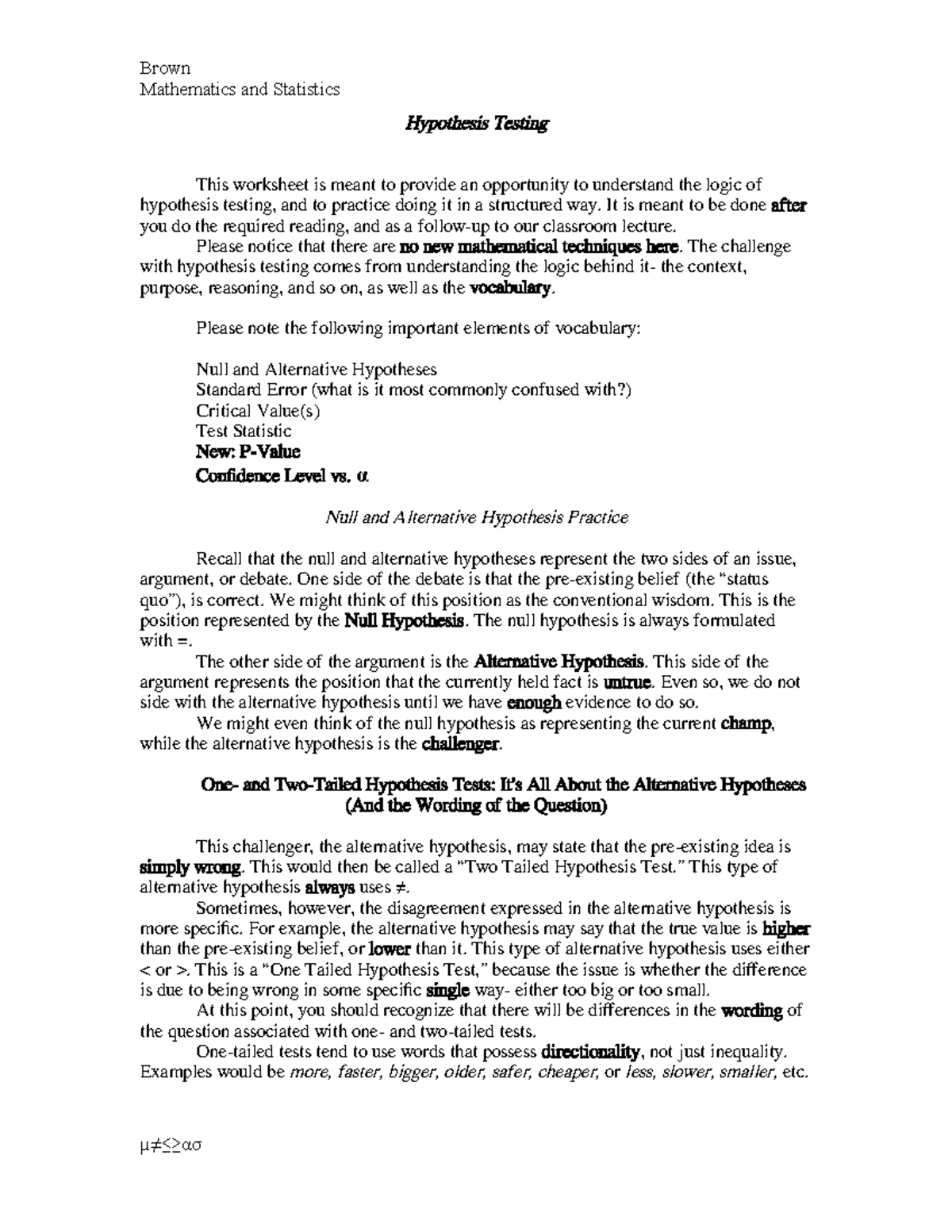 Hypothesis Testing Worksheet - MAT 101 - Sp24 Revision - Studocu