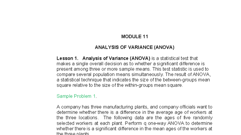 MODULE 11: Analysis of Variance (ANOVA) - Lesson 1 Overview - Studocu