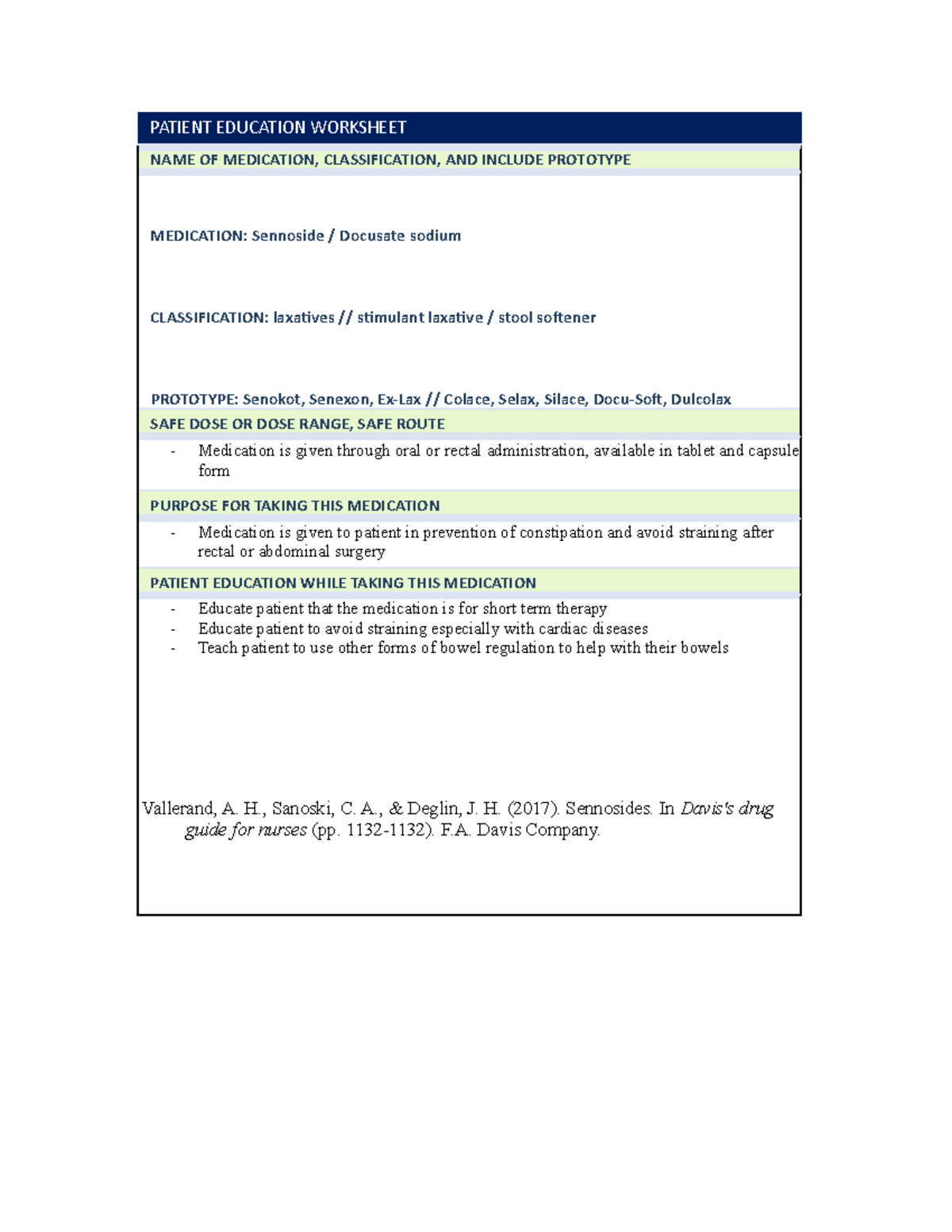 SENNA - MEDICATION CARD: EDUCATION ON Sennoside & Docusate Sodium - Studocu