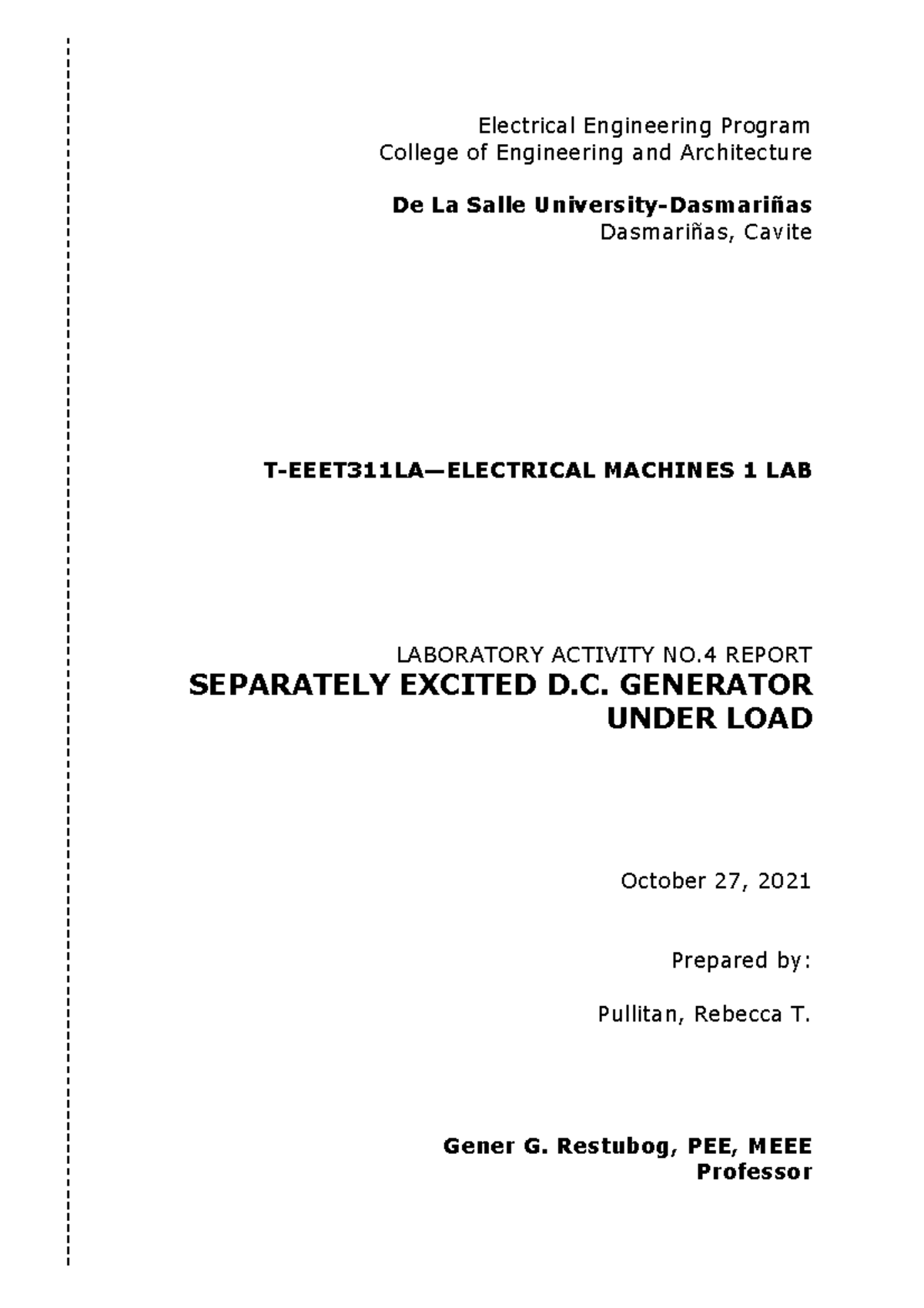 EEET311LA Lab Report: Separately Excited DC Generator Under Load - Studocu
