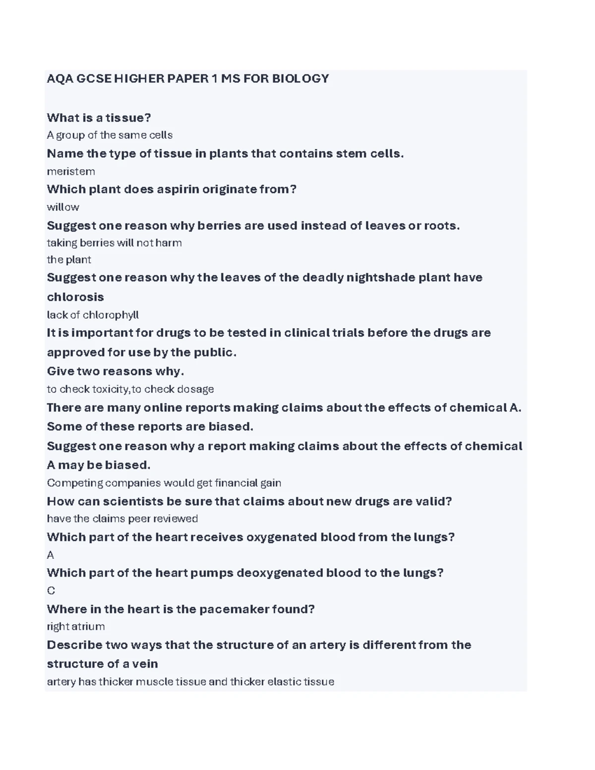AQA GCSE Biology 8461/1F June 2022 Foundation Paper 1 Mark Scheme - Studocu