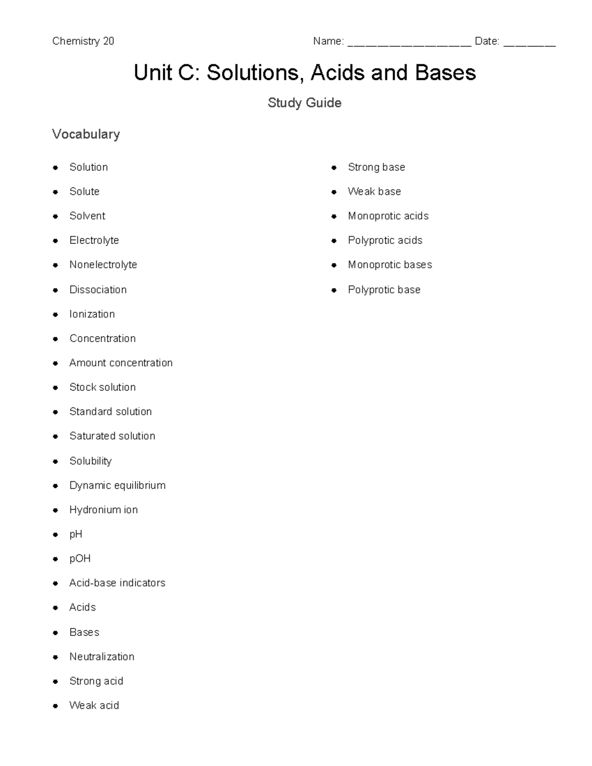 Chemistry 20 Unit C: Solutions, Acids & Bases Study Guide - Studocu