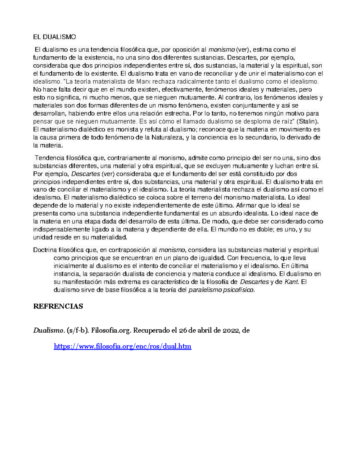 El Dualismo: Conceptos, Representantes y Argumentos Filosóficos - Studocu