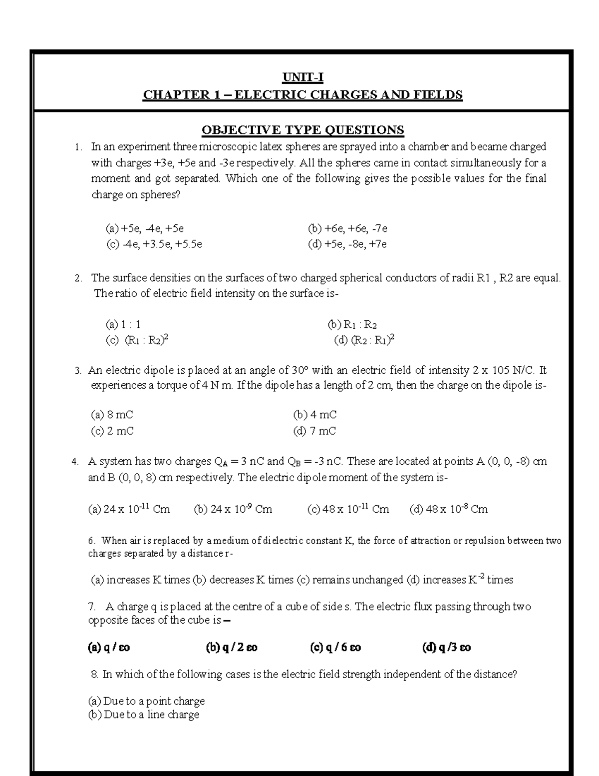 XII Physics CH 1, 2, 3 - Objective & Subjective Questions Worksheet ...