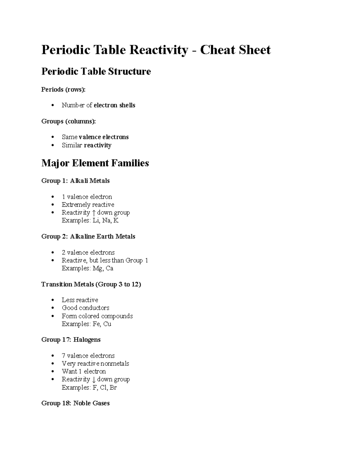 Chem 101: Periodic Table Reactivity Cheat Sheet - Studocu