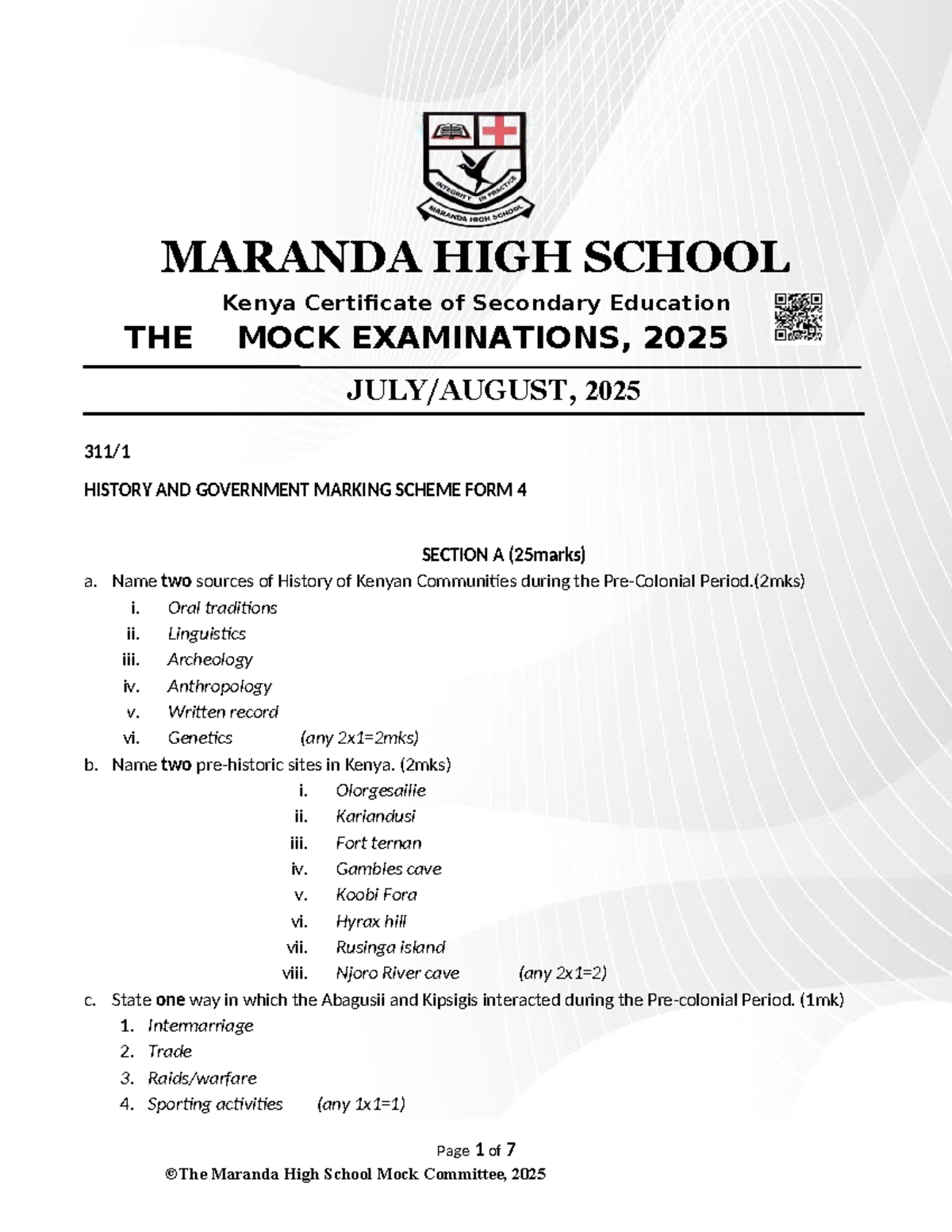 HIST 2025 Mock Exam Marking Scheme - History & Government Form 4 - Studocu