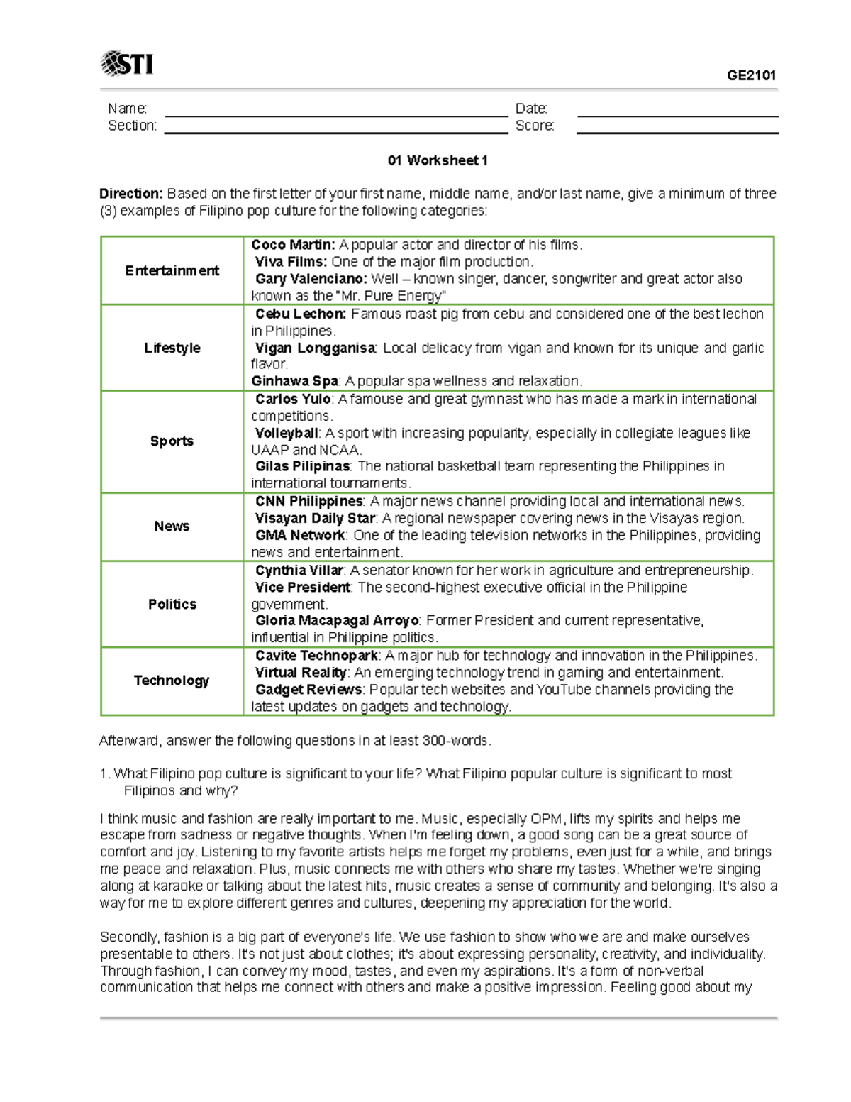 01 Worksheet-POP-culture - 01 Worksheet 1 Direction: Based on the first ...