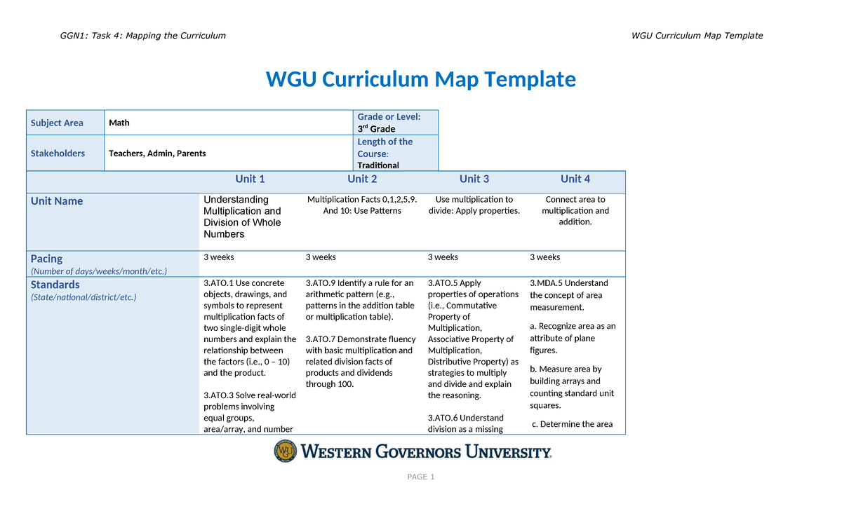 GGN1: Task 4 - Curriculum Mapping for 3rd Grade Math Standards - Studocu