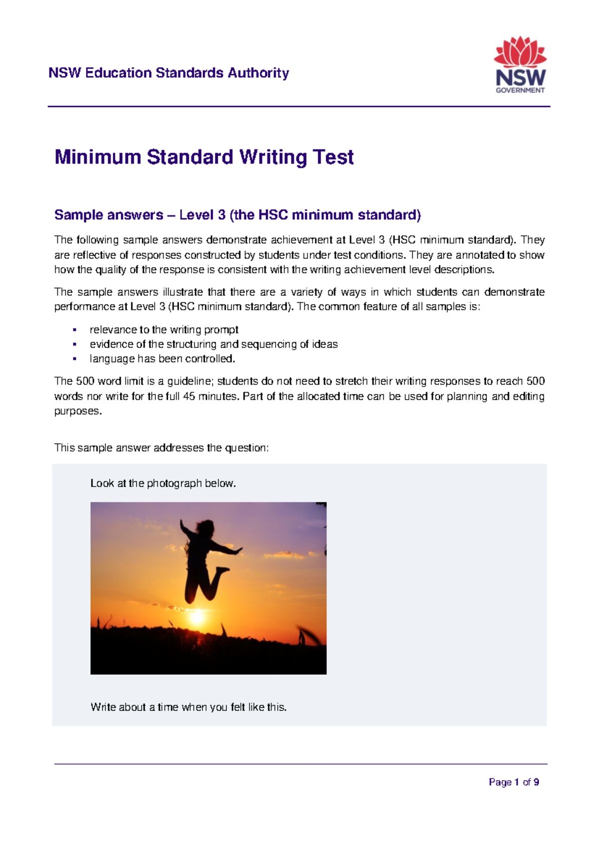 HSC Minimum Standard Writing Test Sample Answers - Level 3 - Studocu