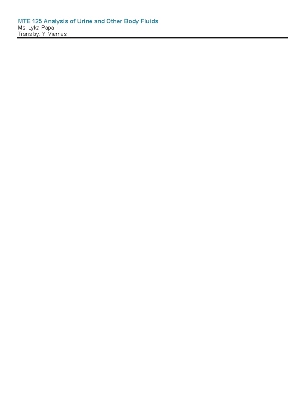 MTE 125 Chapter 1: Safety & Quality Management in Urine Analysis - Studocu