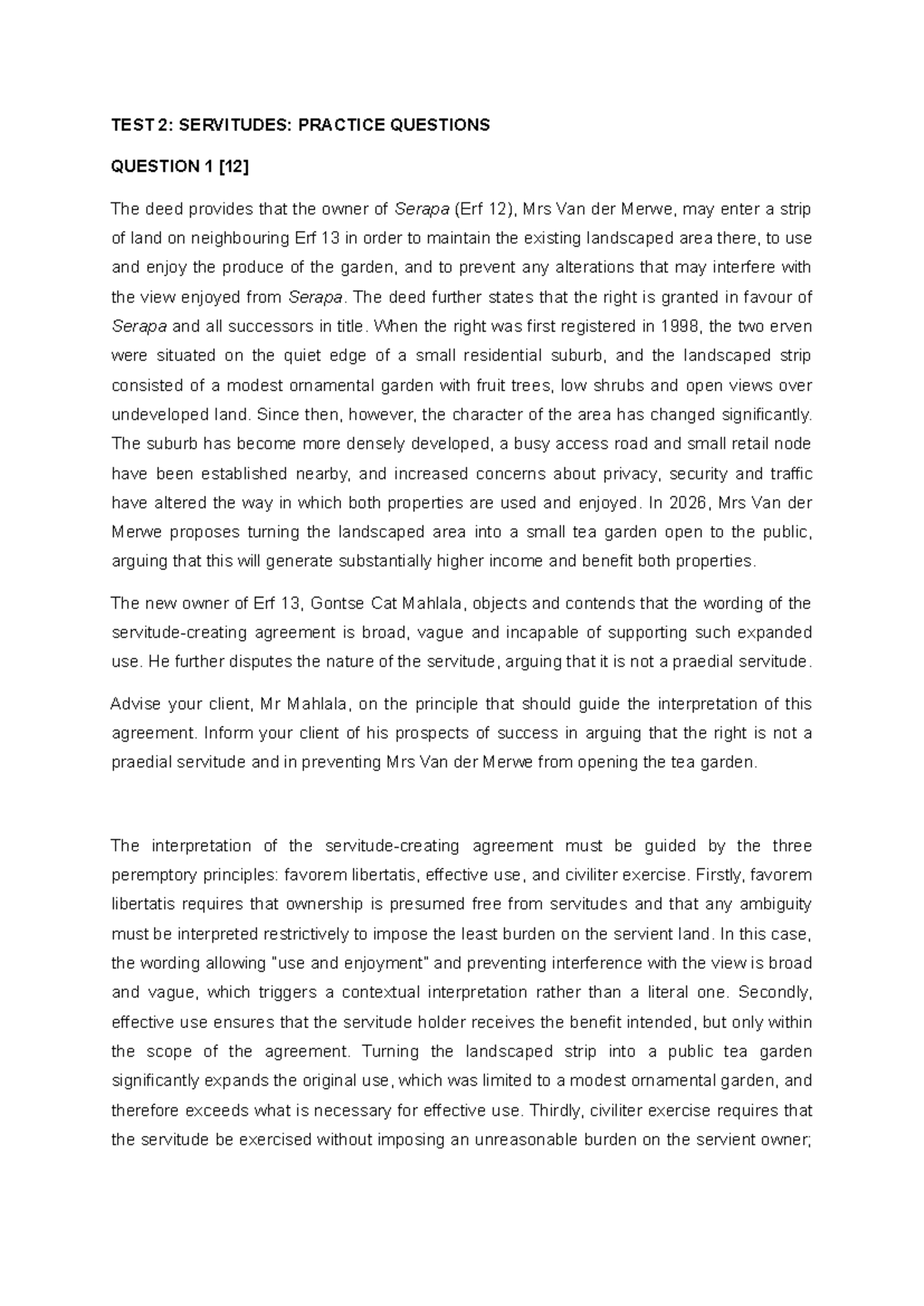 2026 SAR Test 2: Servitudes Practice Questions and Analysis - Studocu
