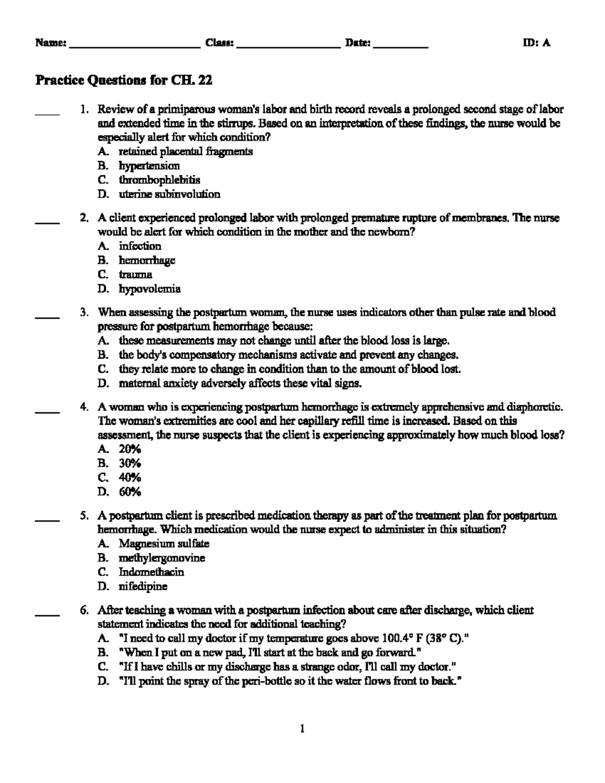 Review for CH. 22 - Practice Questions on Postpartum Care - Studocu