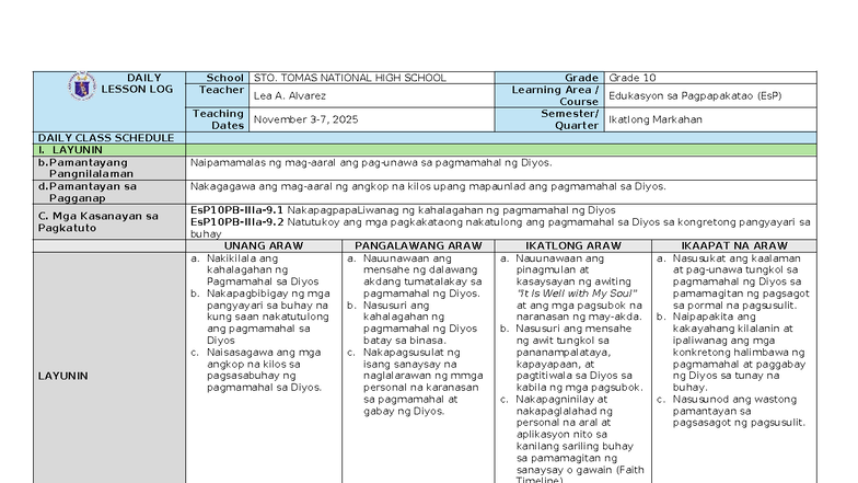 Daily Lesson Log (DLL) for Grade 10 EsP: Nov 3-7, 2025 - Studocu
