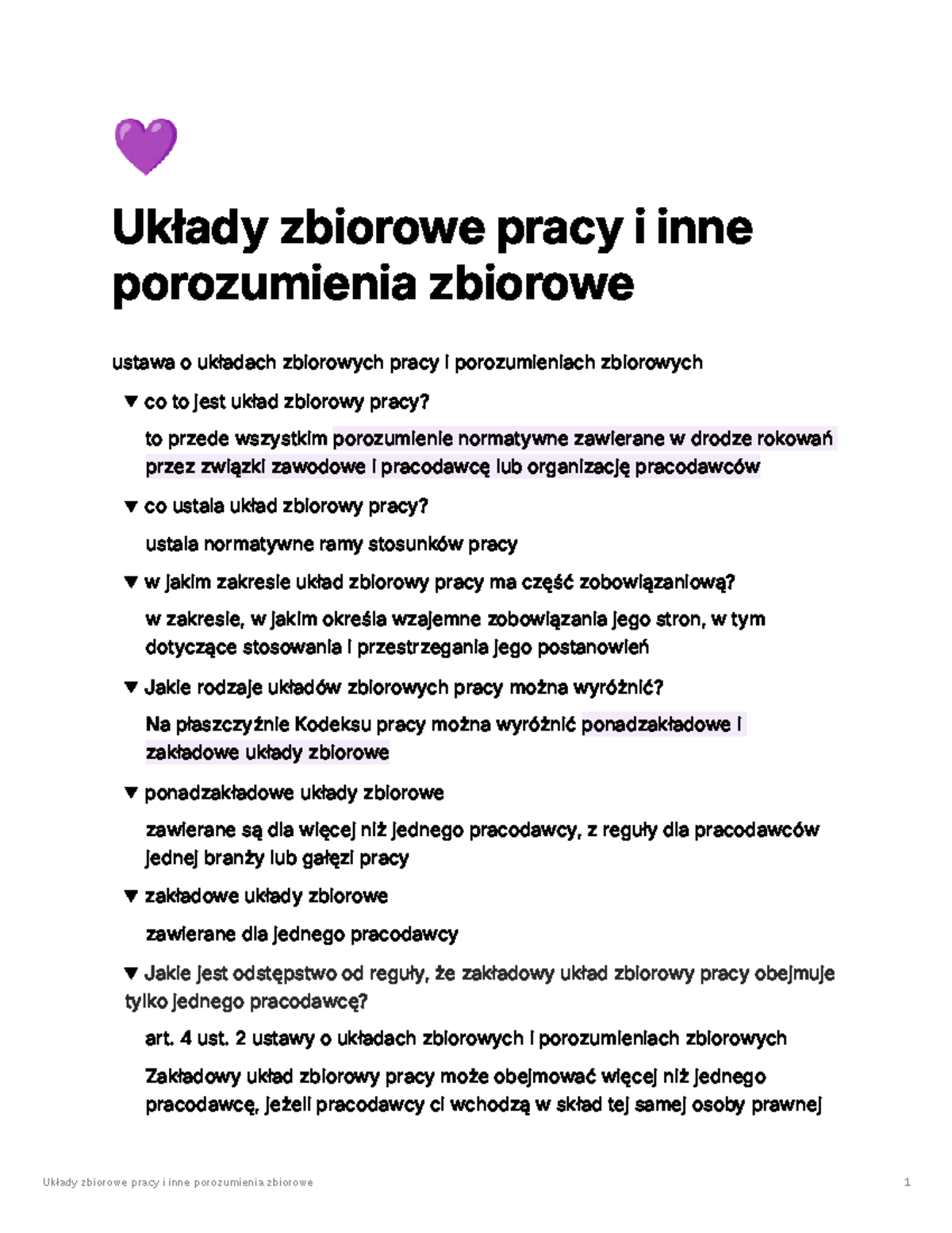 Układy zbiorowe pracy - notatki do ustawy o układach zbiorowych - Studocu
