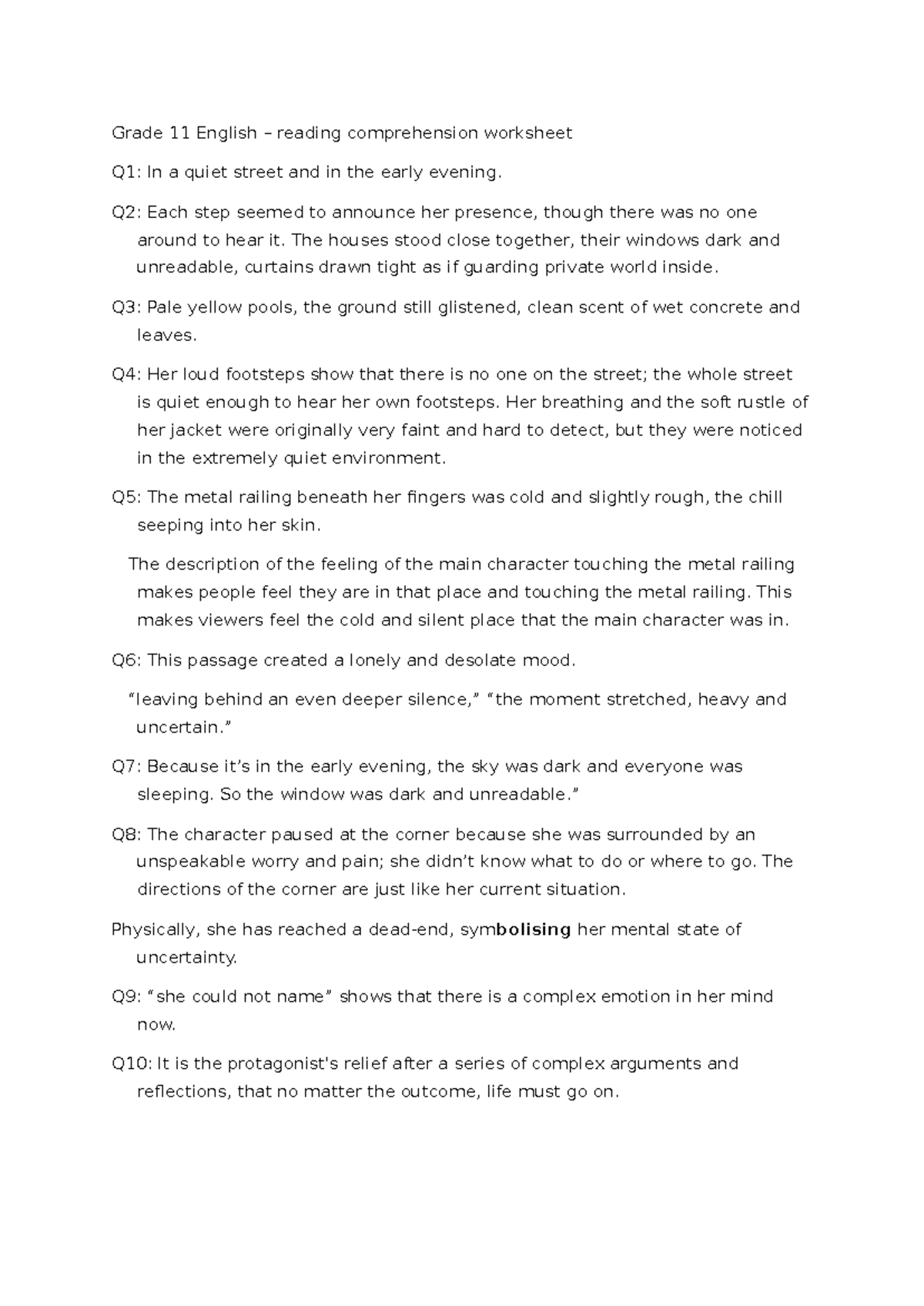 Grade 11 English - Reading Comprehension Worksheet Analysis - Studocu