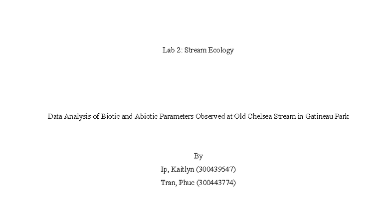 Lab 2B: Stream Ecology Analysis of Biotic & Abiotic Factors in Gatineau ...