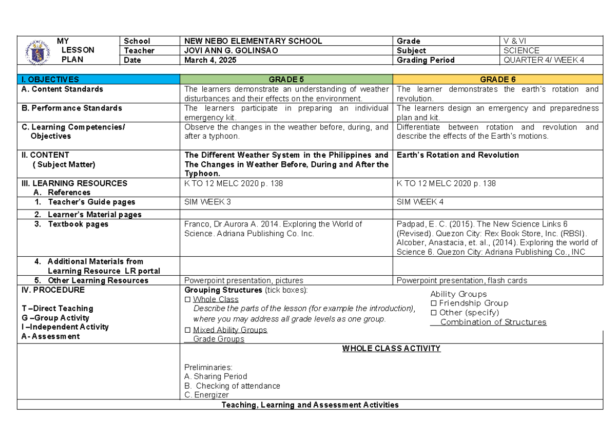 DLL Q4 W4 DAY4 Science - daily lesson log - MY LESSON PLAN School NEW NEBO ELEMENTARY SCHOOL ...