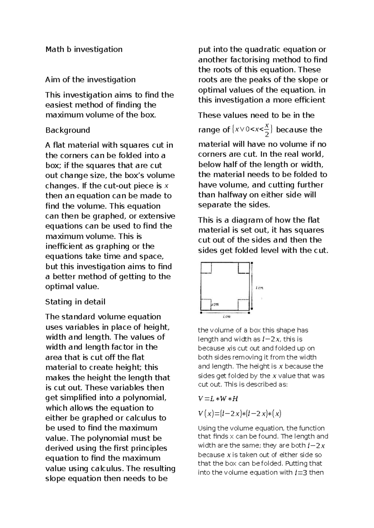 Math B Investigation: Optimizing Box Volume with Cut Corners - Studocu