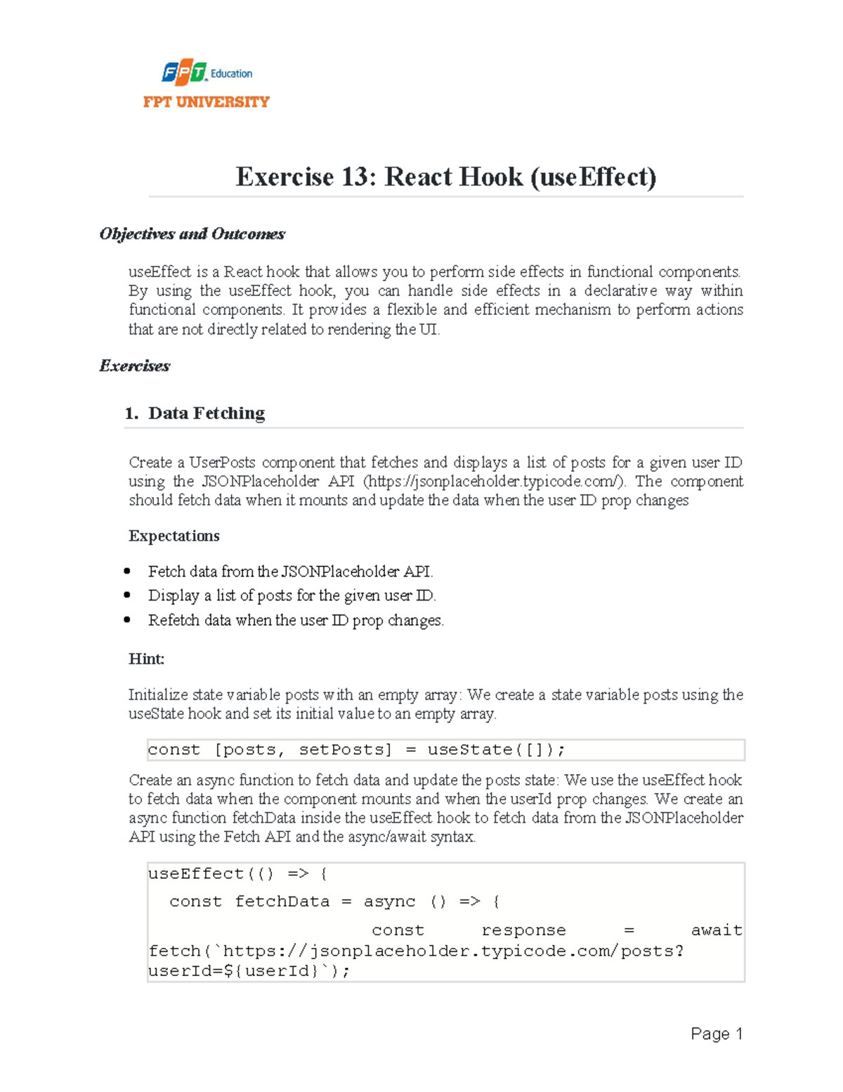 Exercise 13 use Effect - Exercise 13: React Hook (useEffect) Objectives and Outcomes useEffect ...