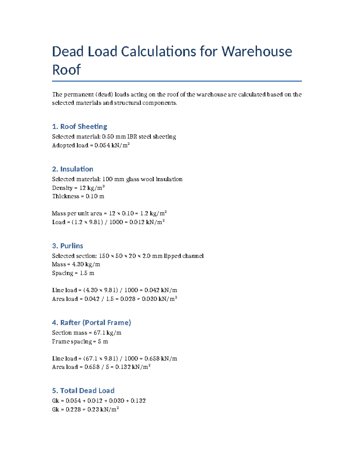 Dead Load Calculations for Warehouse Roof (ENG 101) - Studocu