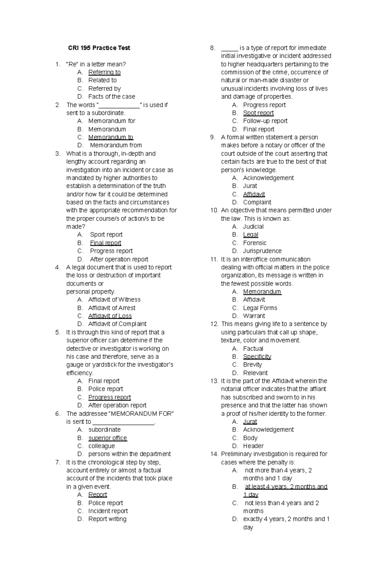 Practice test for CRI 195 w answer - CRI 195 Practice Test “Re” in a ...