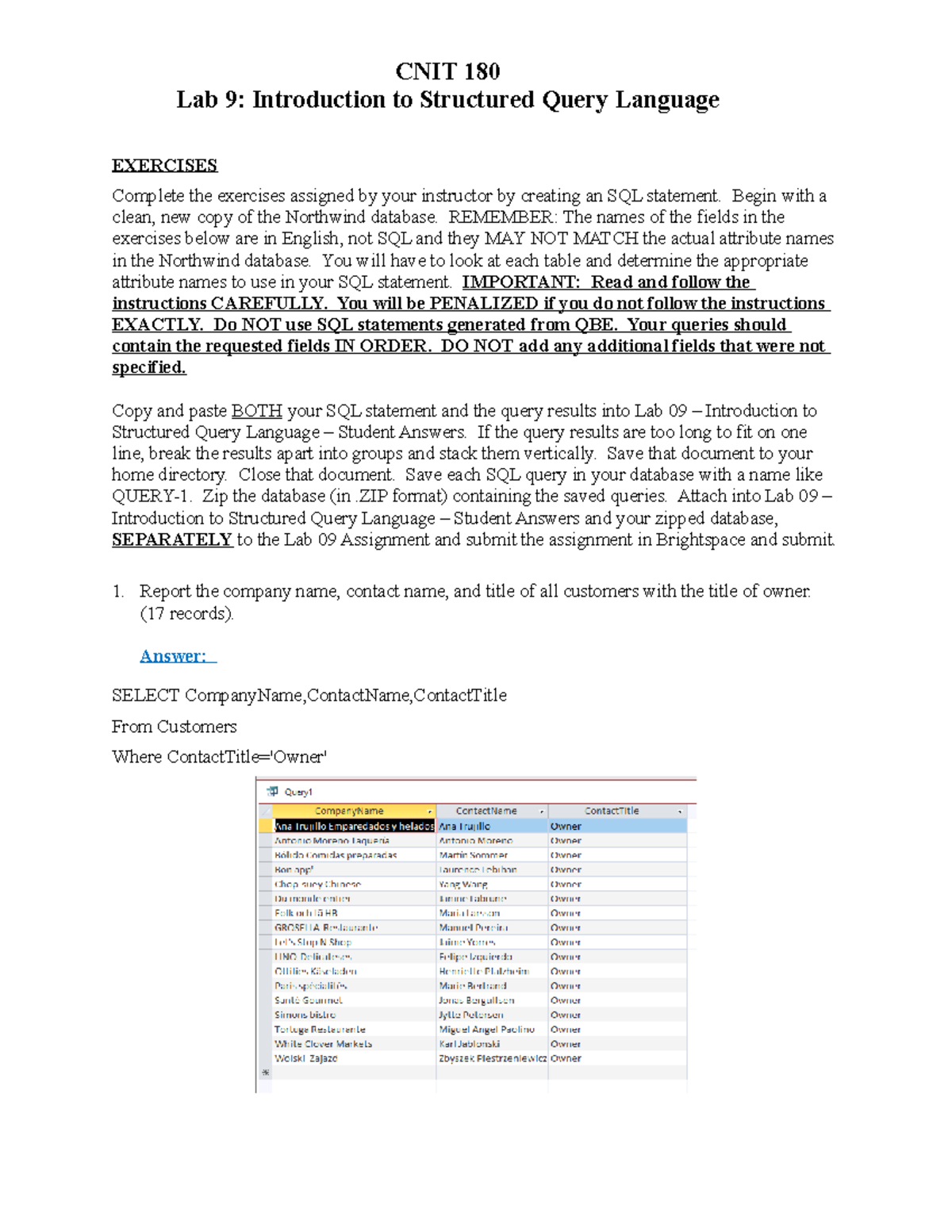 Lab 09 - Introduction to Structured Query Language - Student Answers - Lab 9: Introduction to ...