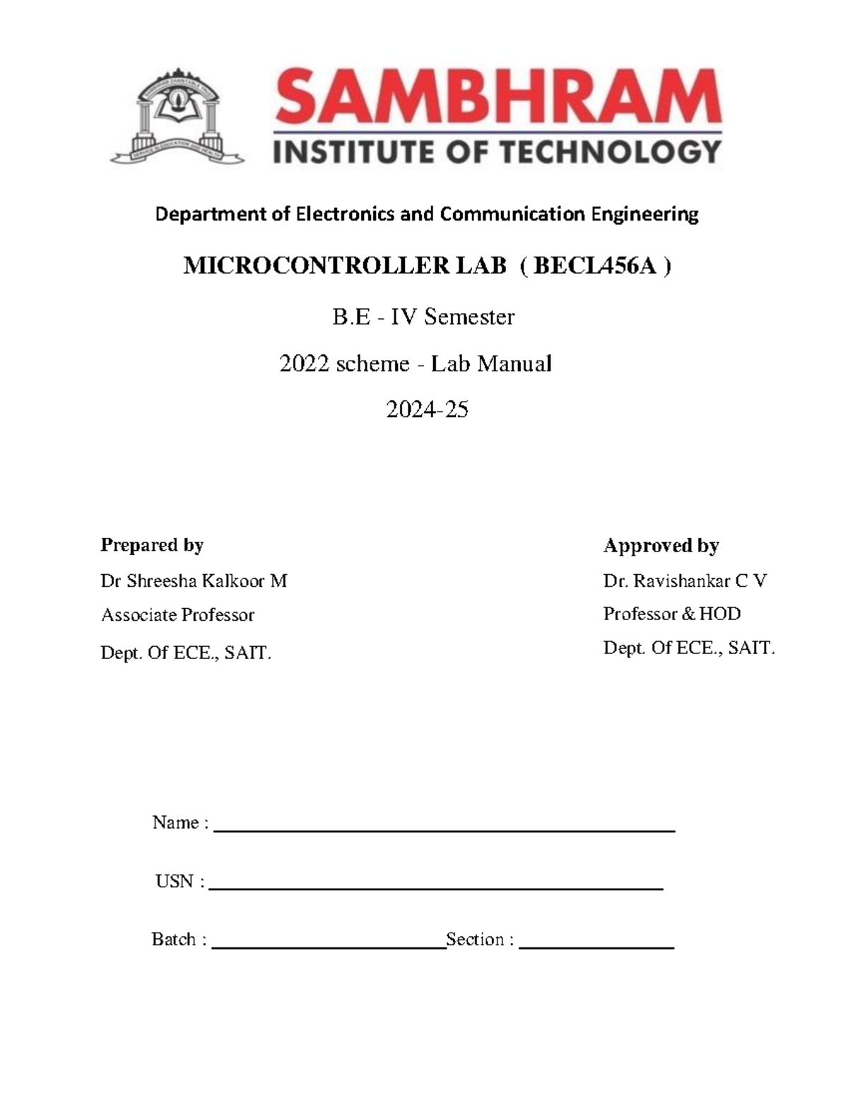Microcontroller Lab Manual (BECL456A) for B.E IV Sem 2024-2025 - Studocu