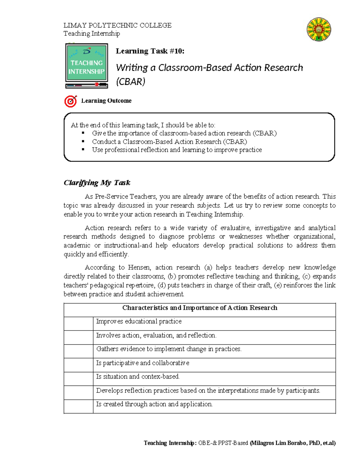 Learning Task 10: Writing a Classroom-Based Action Research (CBAR ...