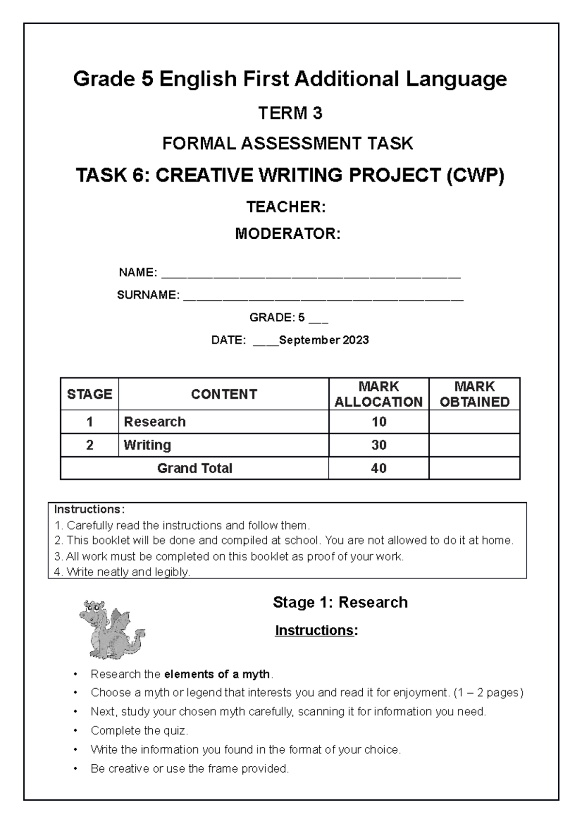 Grade 5 EFAL Term 3 2023 CWP: Creative Writing on Myths - Studocu