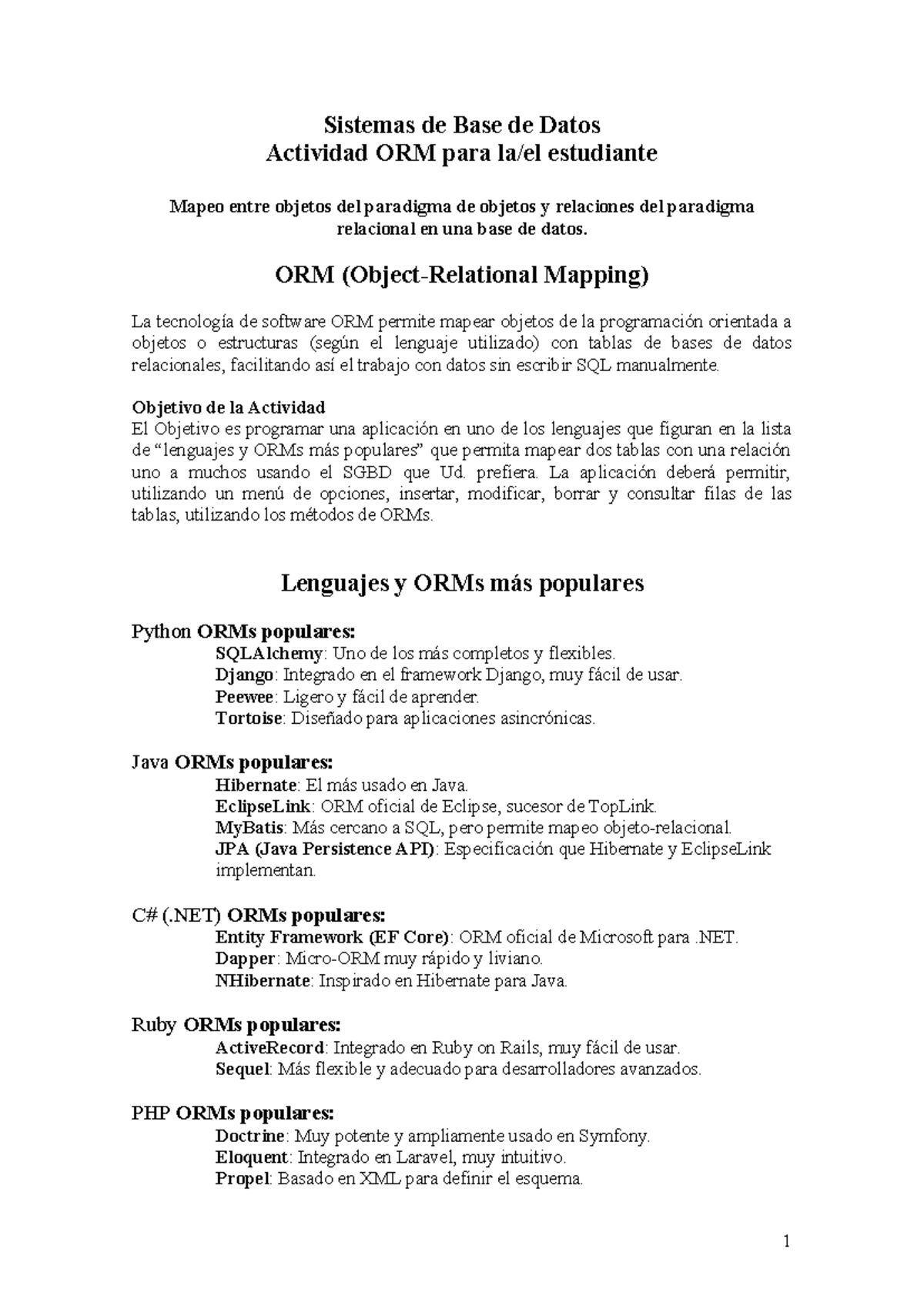 Actividad ORM - Mapeo de Objetos y Relaciones en SGBD - Studocu