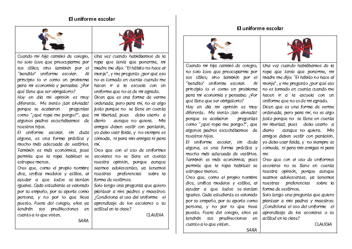 Argumentos a Favor y en Contra del Uniforme Escolar - Studocu