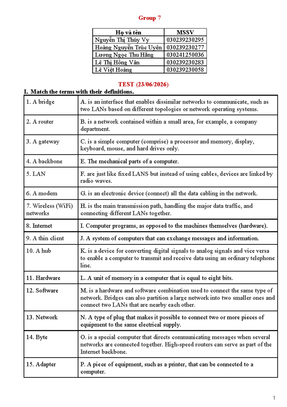 Group 7 TEST I: Networking Terms and Definitions - Studocu