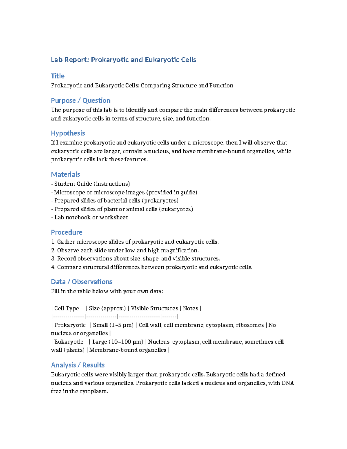 Lab Report: Prokaryotic vs Eukaryotic Cells Comparison - Studocu