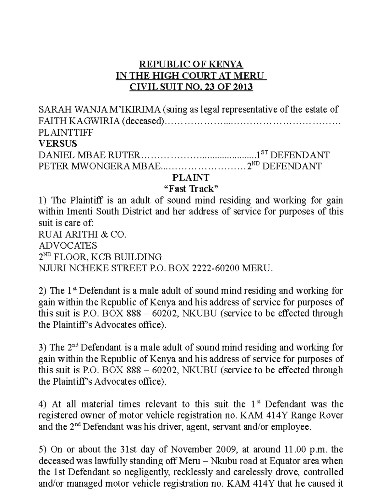 Memorandum OF Appearance - REPUBLIC OF KENYA IN THE CHIEF MAGISTRTATE’S ...
