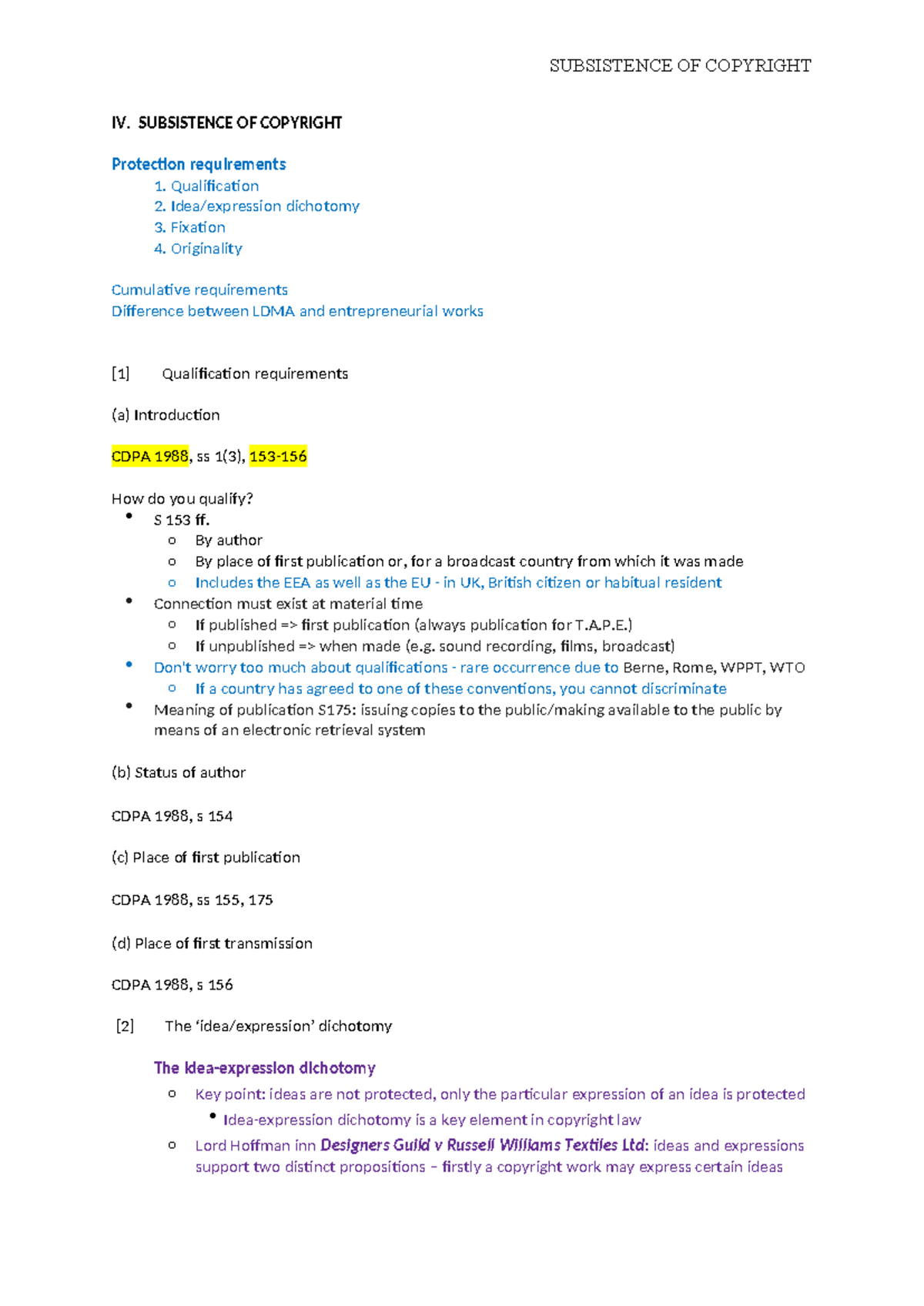 Copyright Subsistence: Key Concepts and Originality Requirements - Studocu