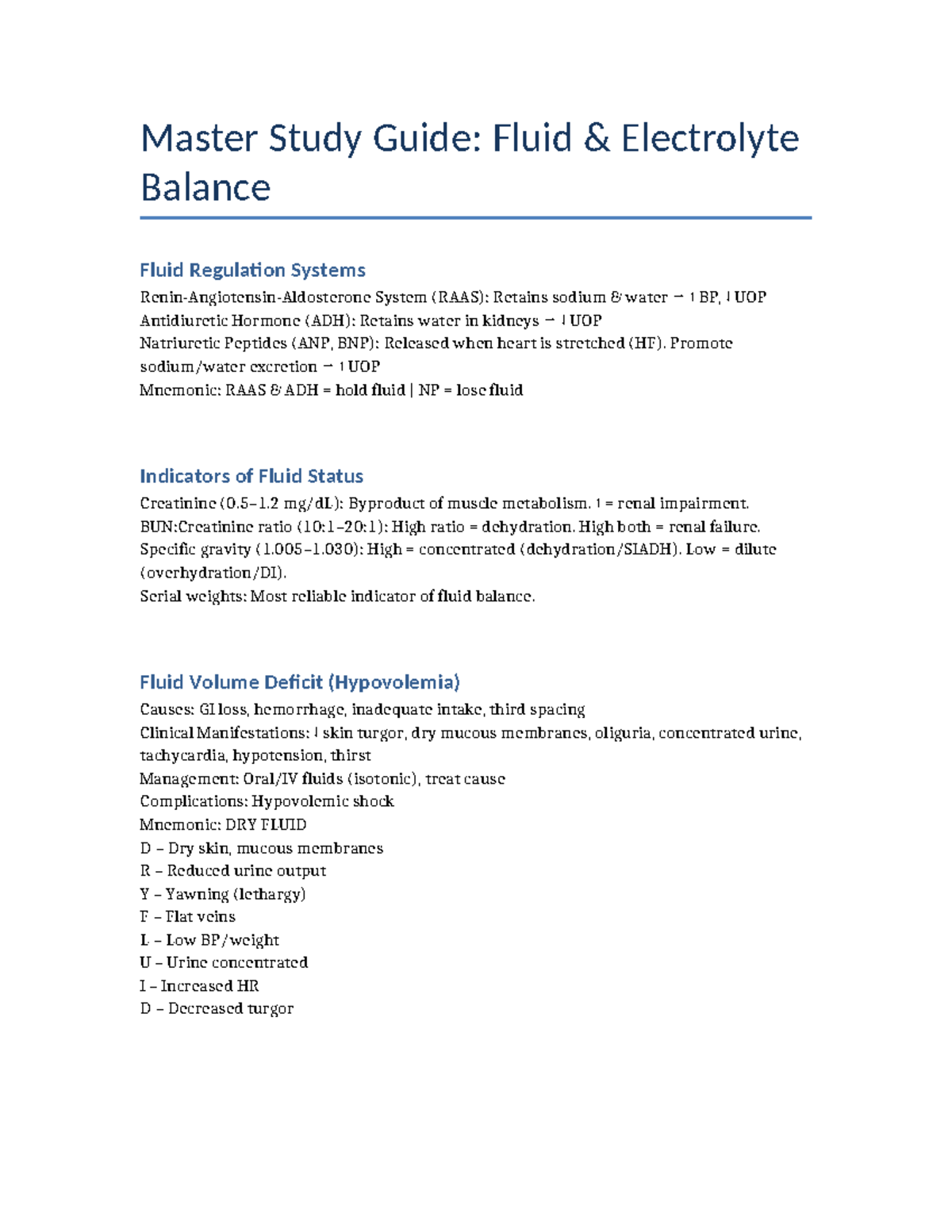 Fluid & Electrolyte Study Guide (NUR 101): Key Concepts & Mnemonics ...