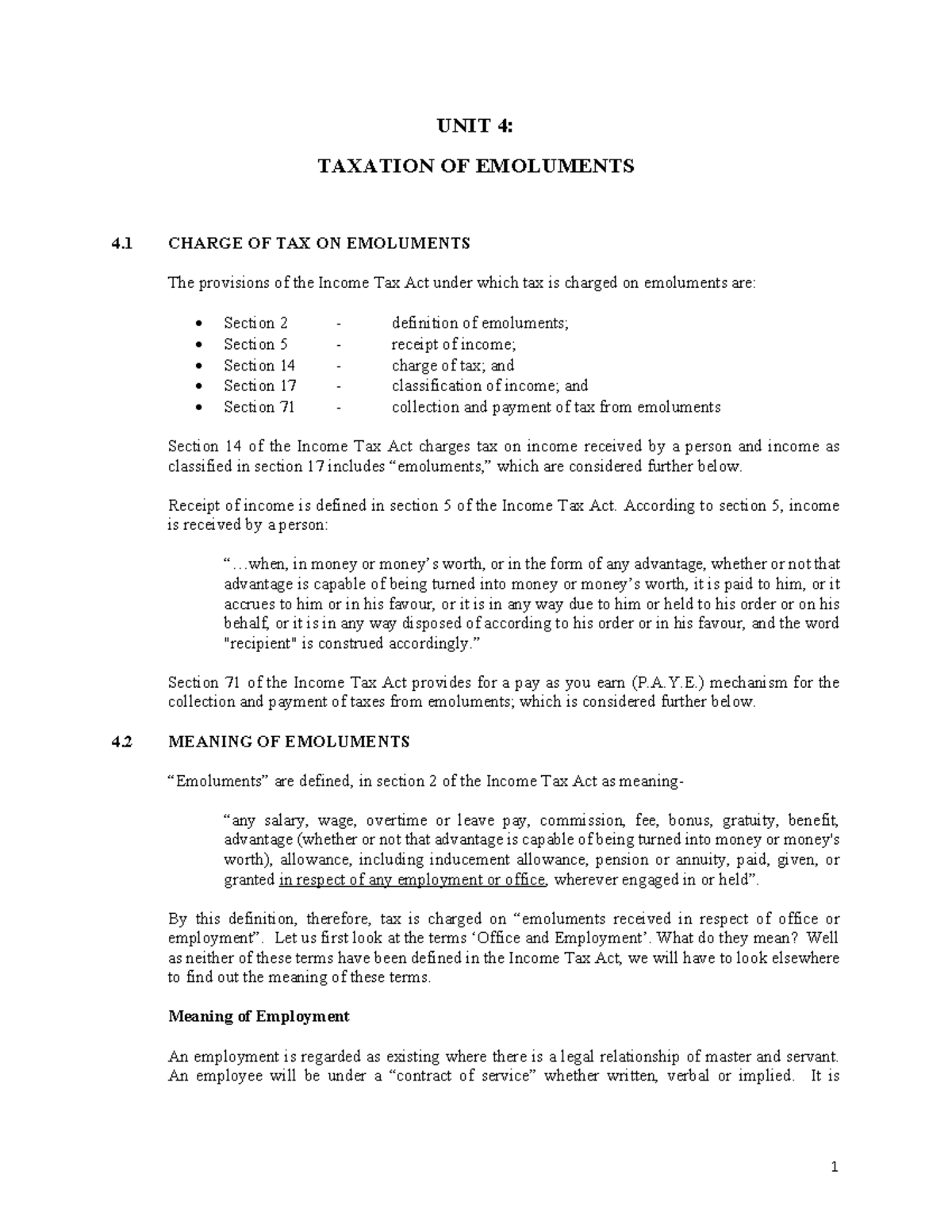 L314: Unit 4 - Taxation of Emoluments in Income Tax Law - Studocu