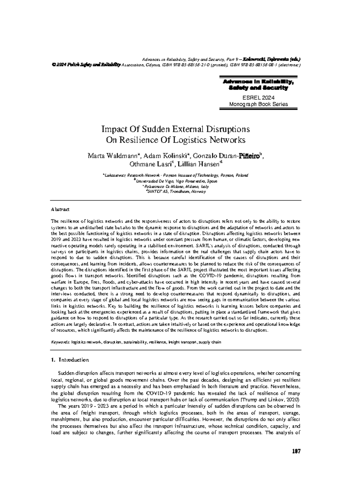 ESREL 2024: Impact of External Disruptions on Logistics Resilience ...