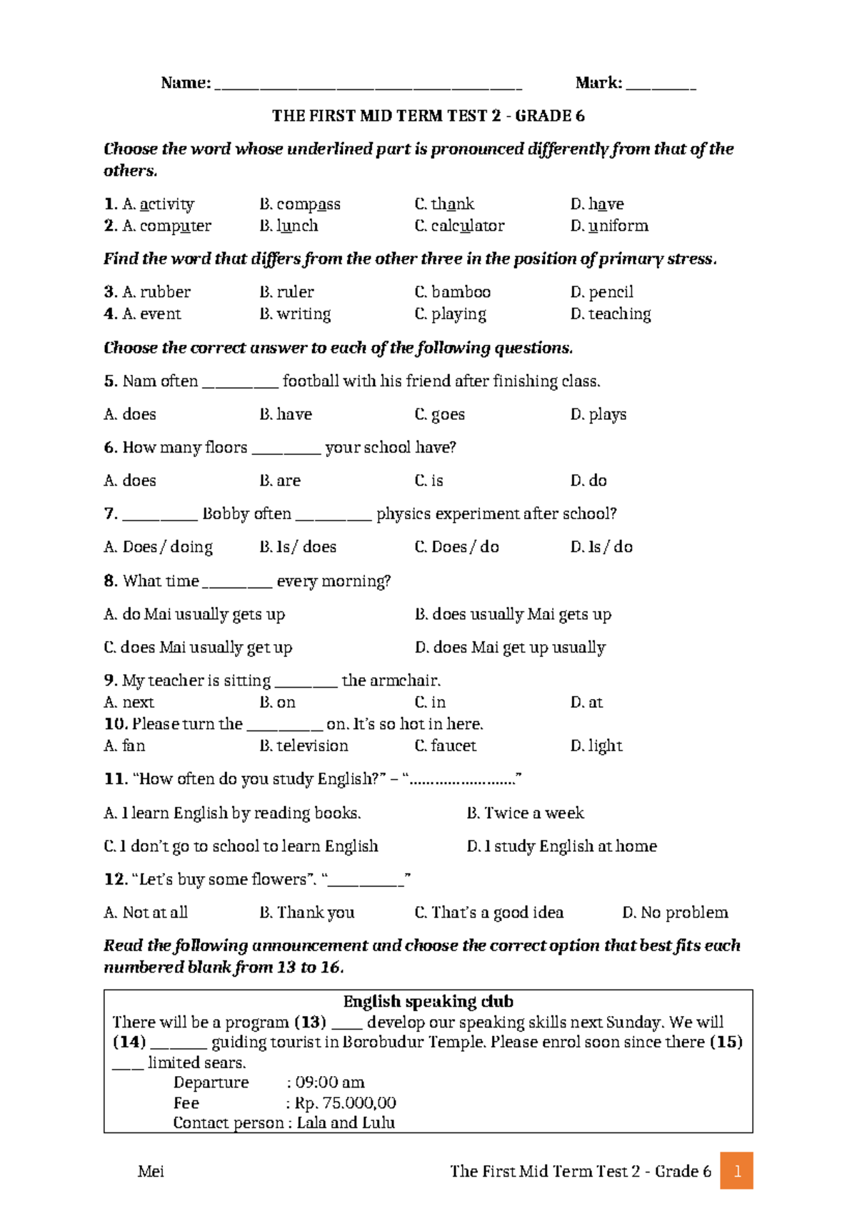 The First Mid Term Test 2 - Grade 6 English Assessment - Studocu