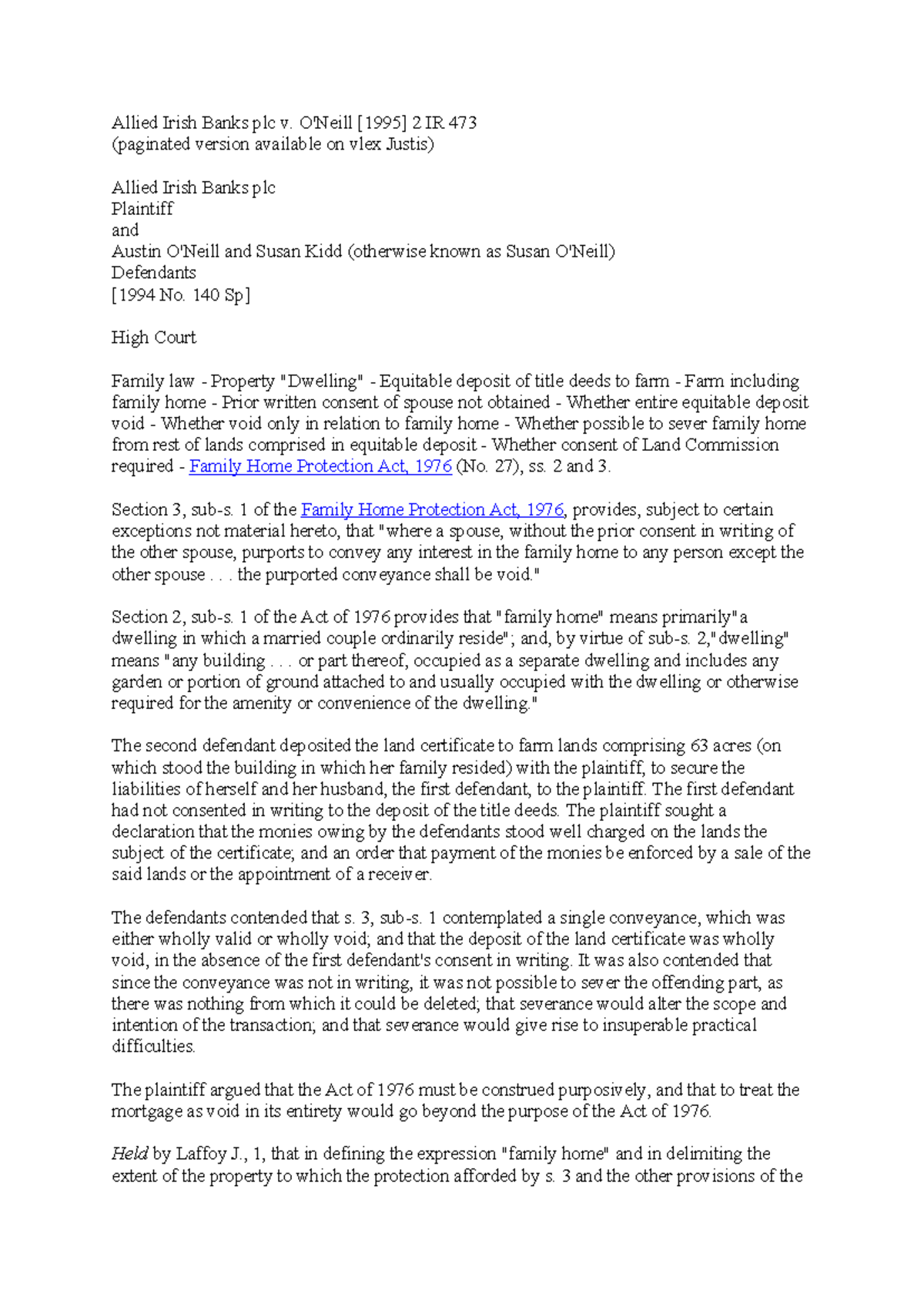 Allied Irish Banks plc v. Kidd: Family Home Protection Act Analysis ...