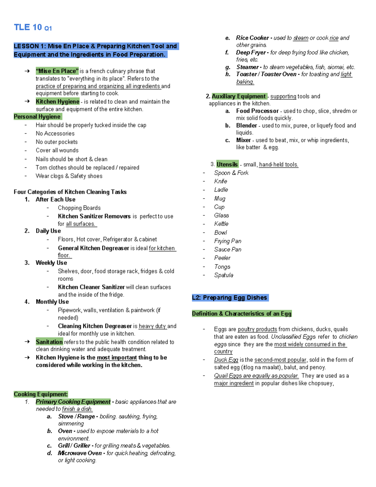 TLE 10 Q1: Lesson 1 - Mise En Place & Kitchen Hygiene Essentials - Studocu