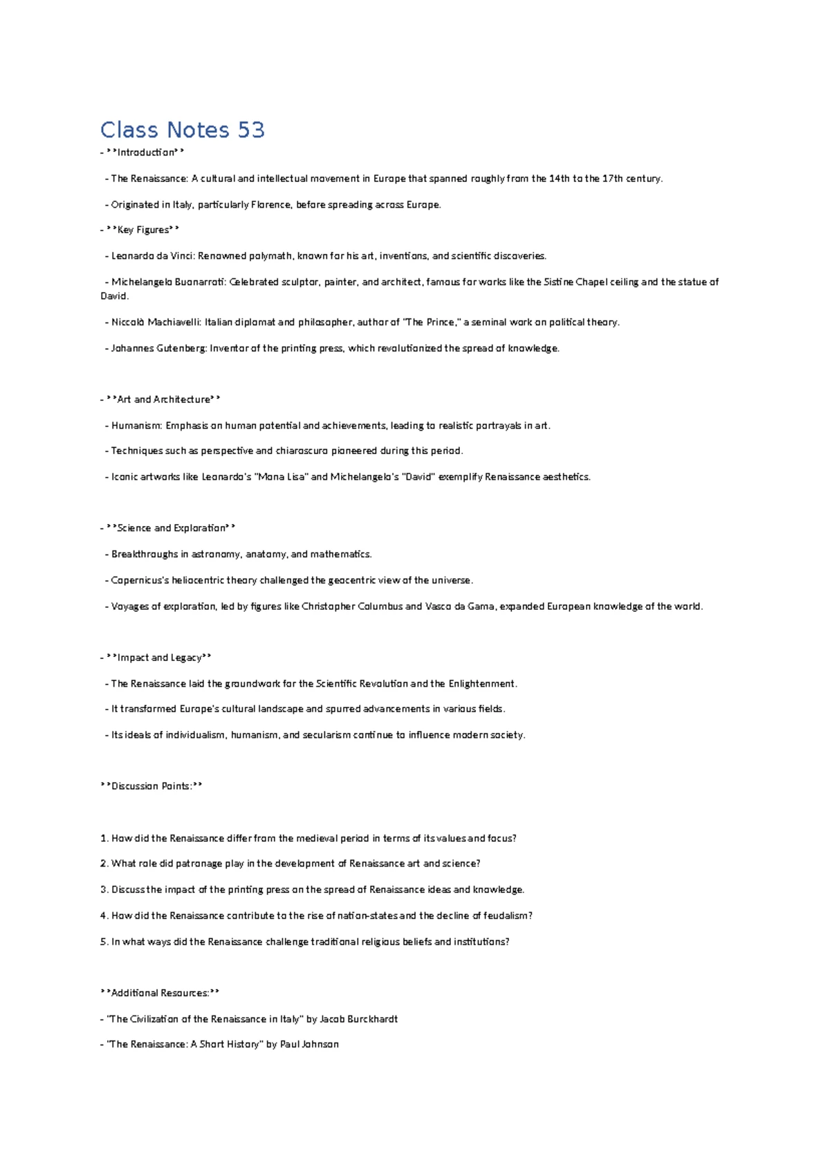 Class Notes 13 - The Renaissance: Cultural Shifts & Key Figures - Studocu