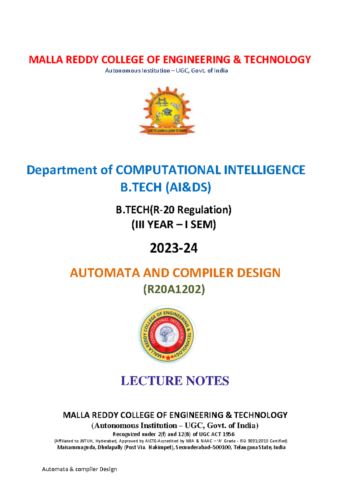 Automata and Compiler Design (R20A1202) Lecture Notes - Studocu