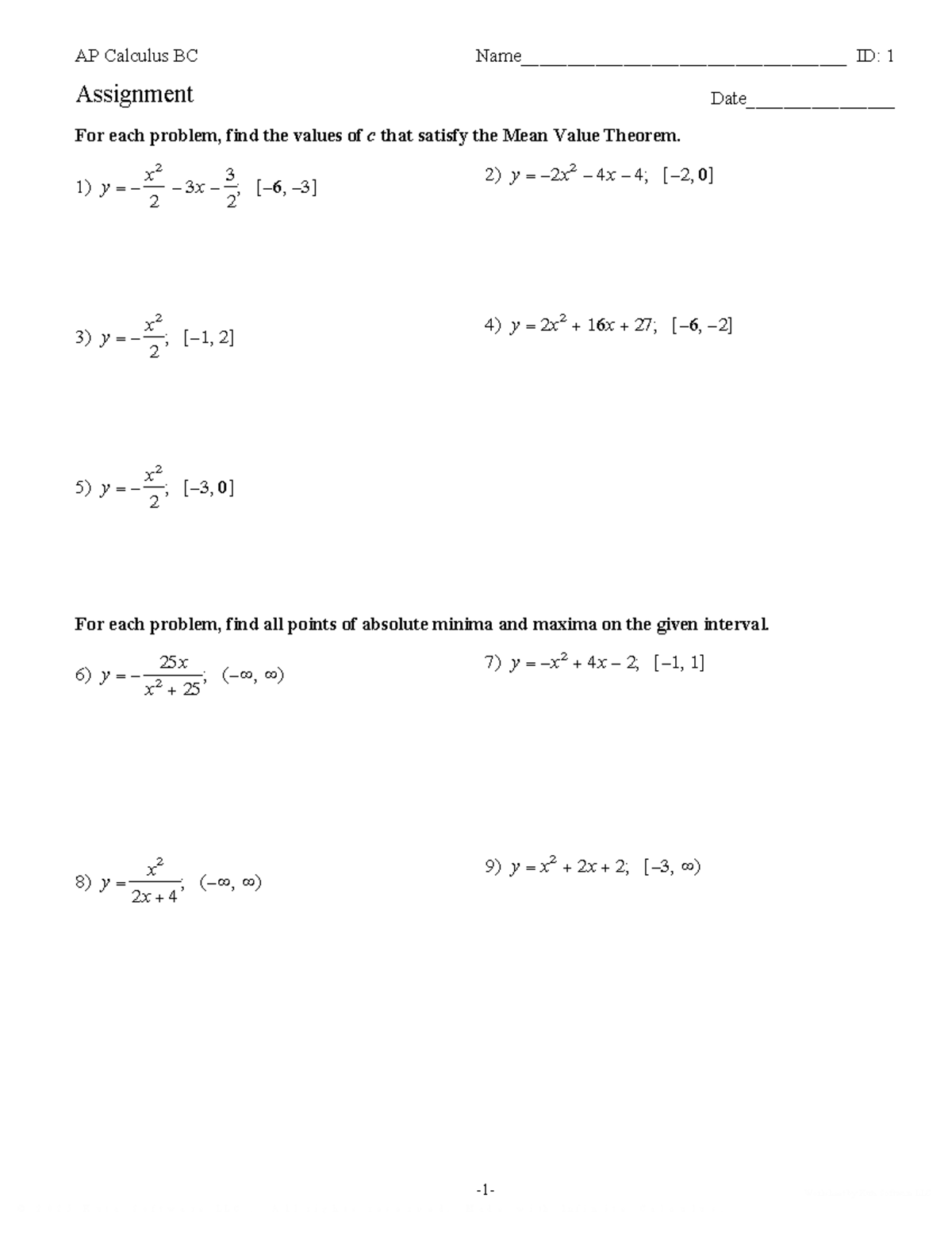 AP Calculus BC - Mean Value Theorem & Extrema Practice Worksheet - Studocu