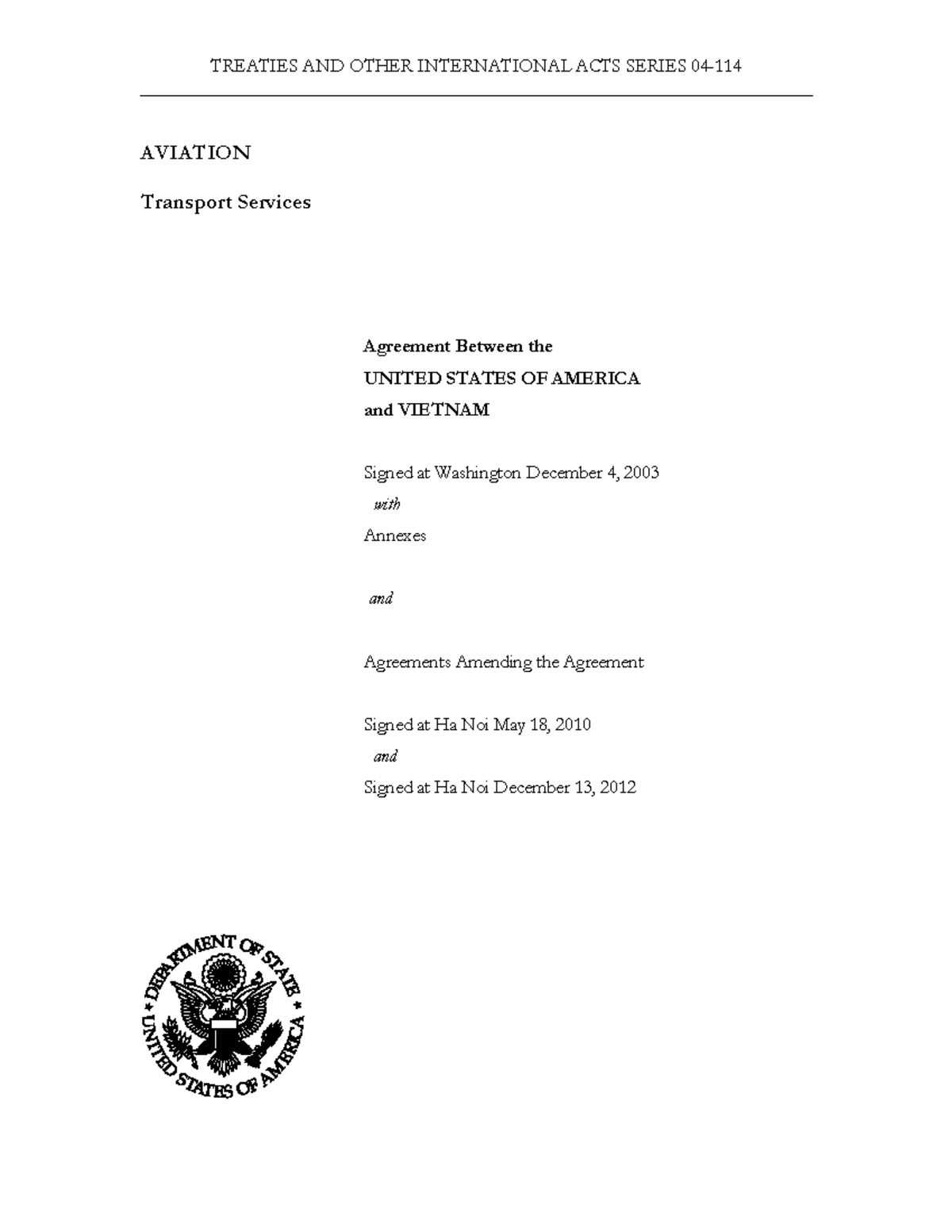 Vietnam-US Aviation Transport Services Agreement (2003-2012) - Studocu