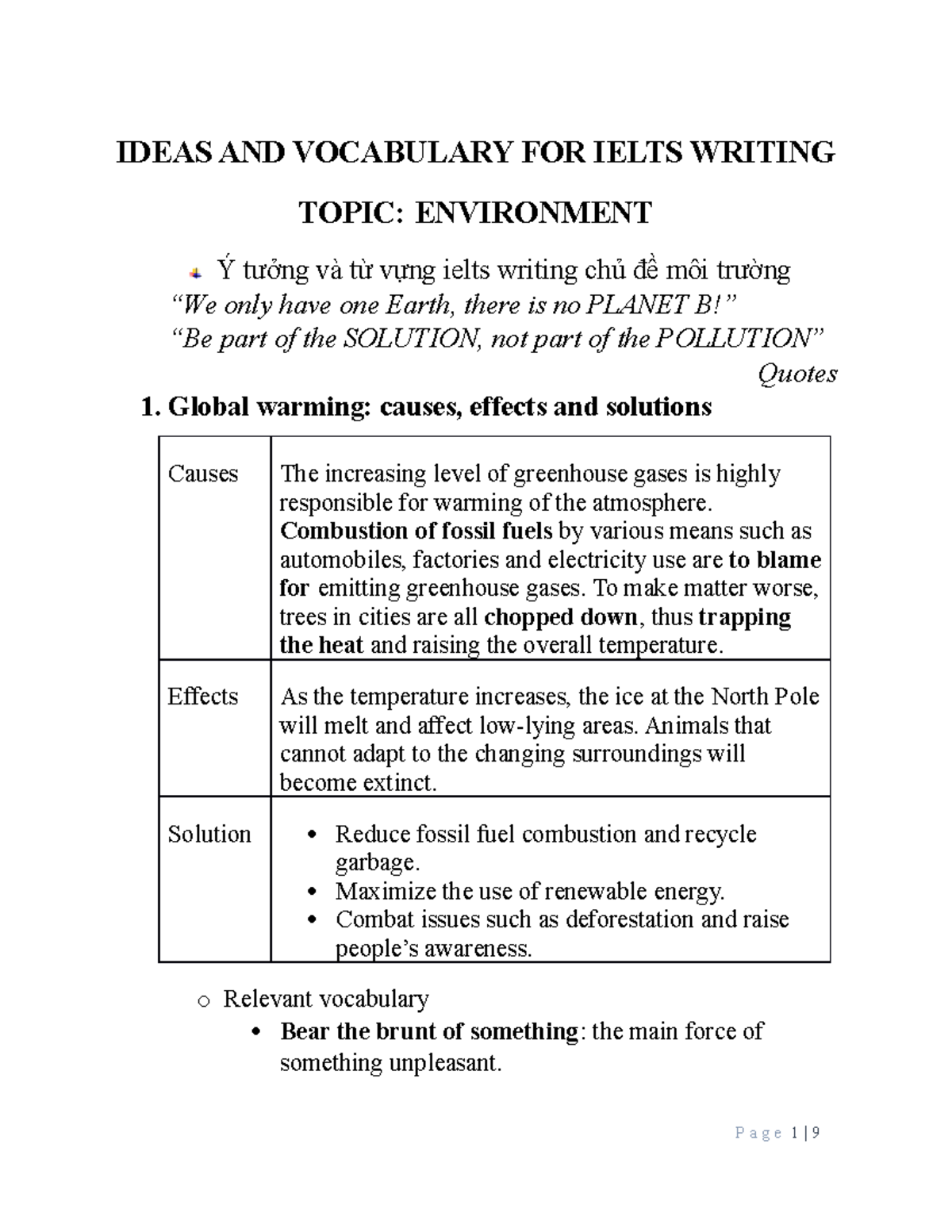 IELTS Writing Vocabulary and Ideas: Environment Topic Guide - Studocu