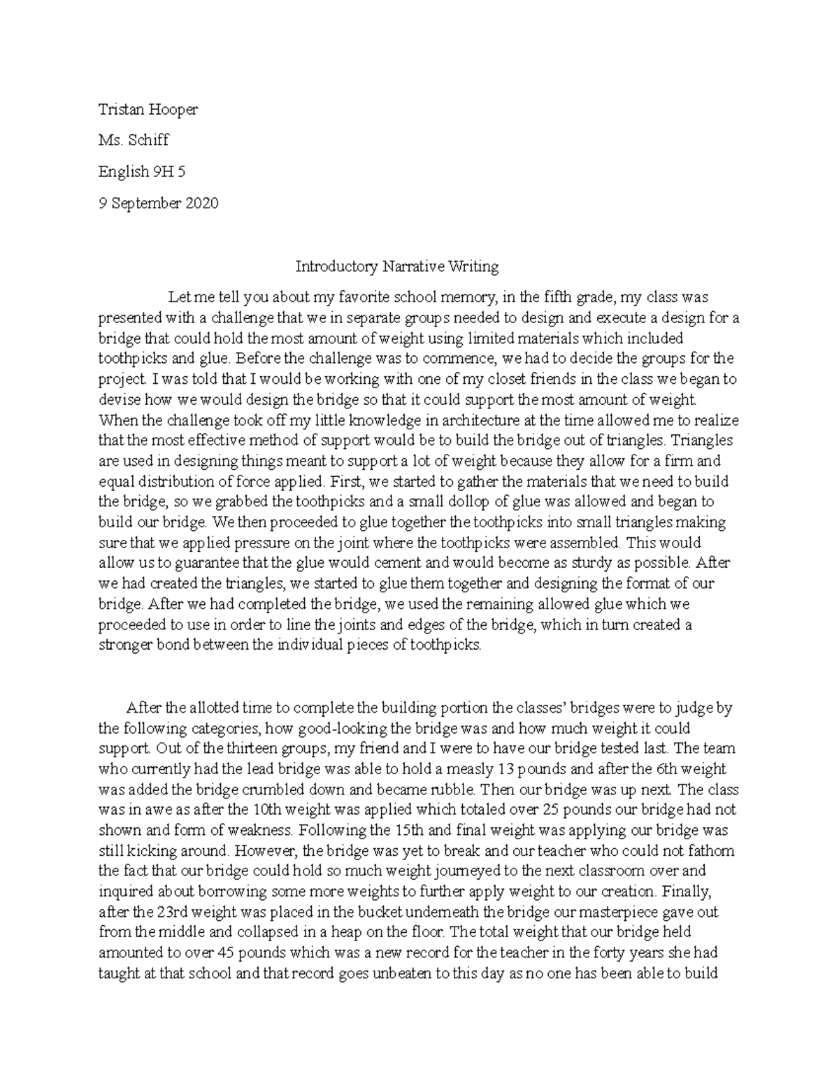 Honors English 9H Period 5: Personal Narrative - My Favorite School ...