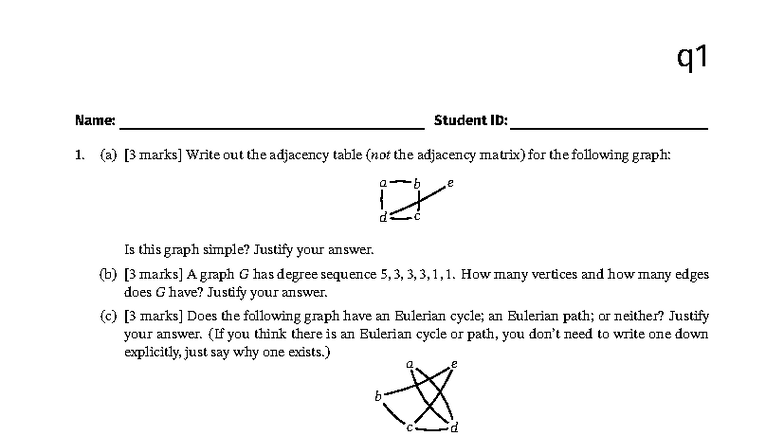 Graph Theory Quiz Q1: Adjacency Table & Eulerian Paths Analysis - Studocu